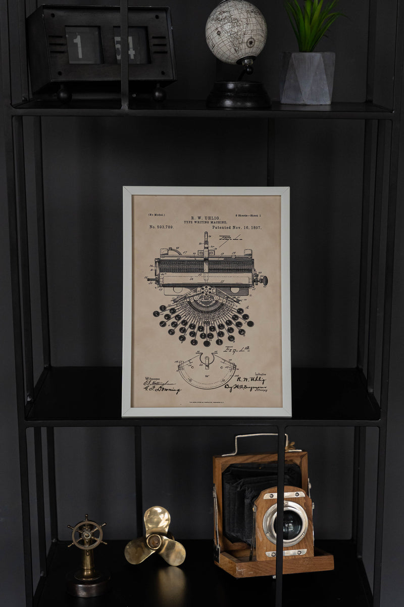 Írógép, vintage, industrial stílusú poszter, 1897-es szabadalmi rajz ...